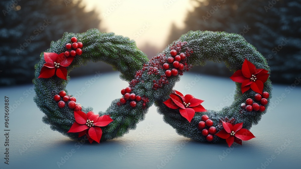 two christmas wreaths like infinity symbol with red and green ...