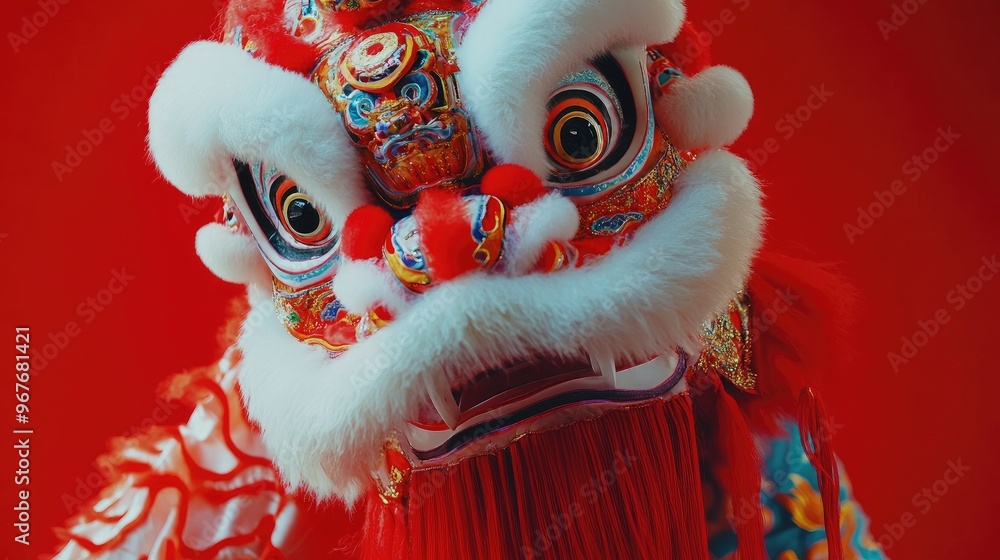 Bright, colorful lion dance costume shown in detail against a striking ...