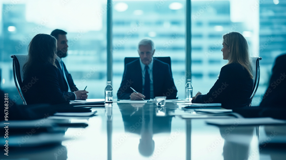 blurry office meeting scene with indistinct figures, conveying a sense ...