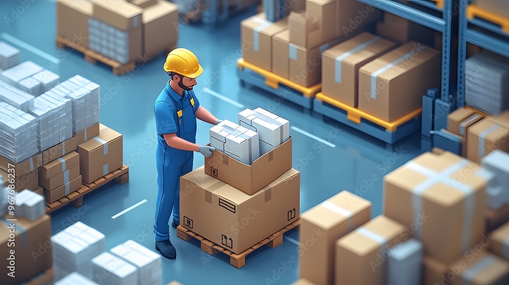 Warehouse worker packing goods into boxes for shipping, with bright ...