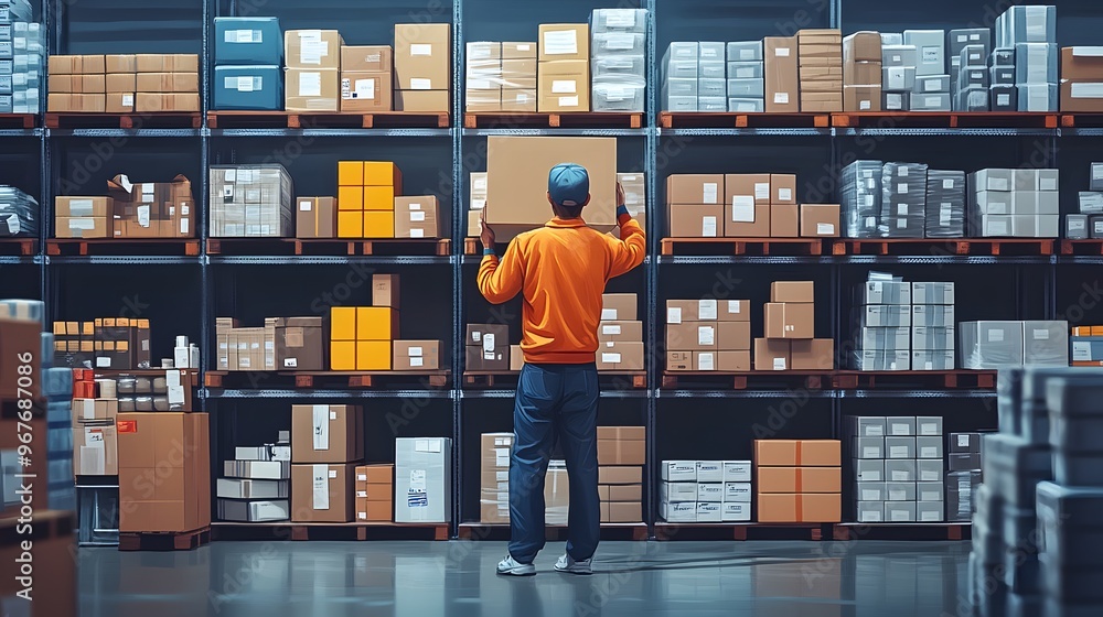 Worker lifting a large box, standing in front of a storage rack with ...