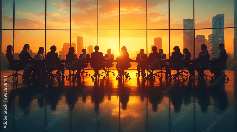 blurry office meeting scene with indistinct figures, conveying a sense ...