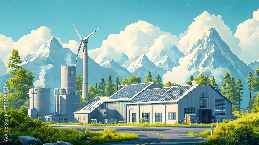 Vector illustration of a sustainable factory featuring wind turbines ...