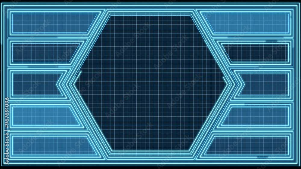 Empty hexagon frames, neon blue lights motion animation, futuristic ...