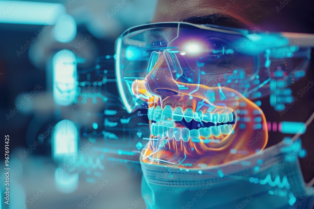 A futuristic dental analysis with digital overlays showing a skull and ...