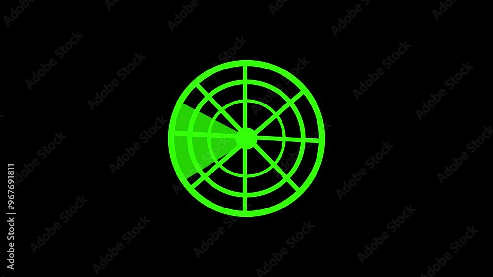 Radar screen animation on black background. Signal transmitted sonar ...