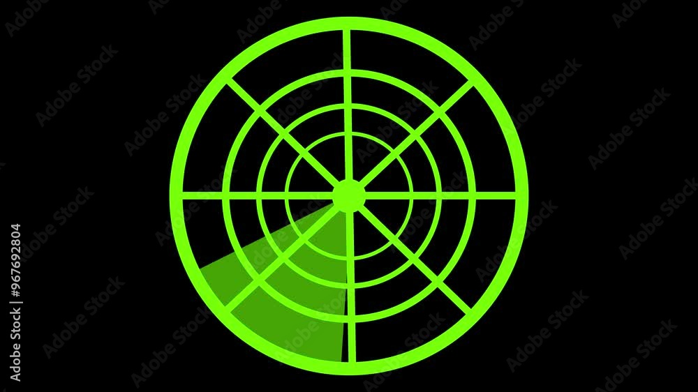 Radar screen animation on black background. Signal transmitted sonar ...