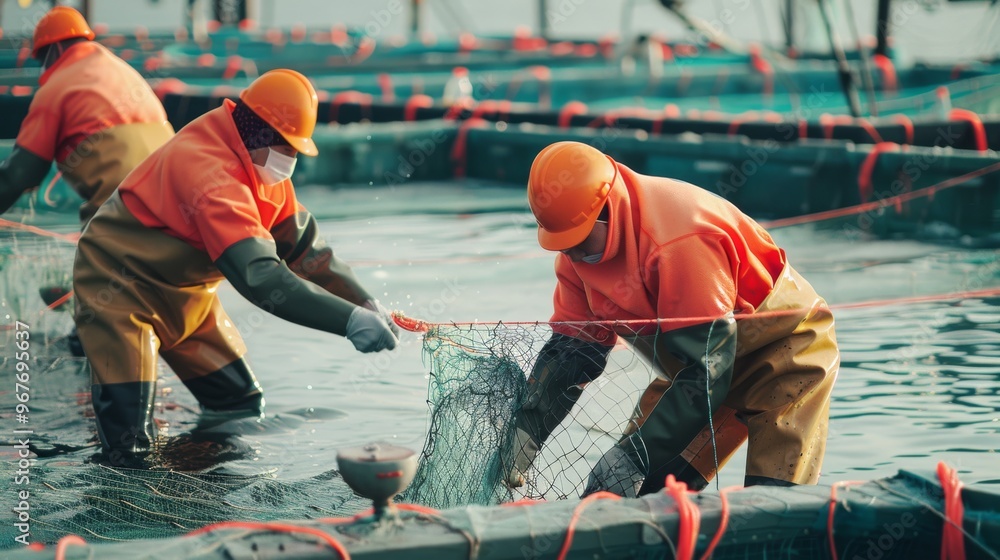 Two fish farmers in orange uniforms and helmets work diligently with ...