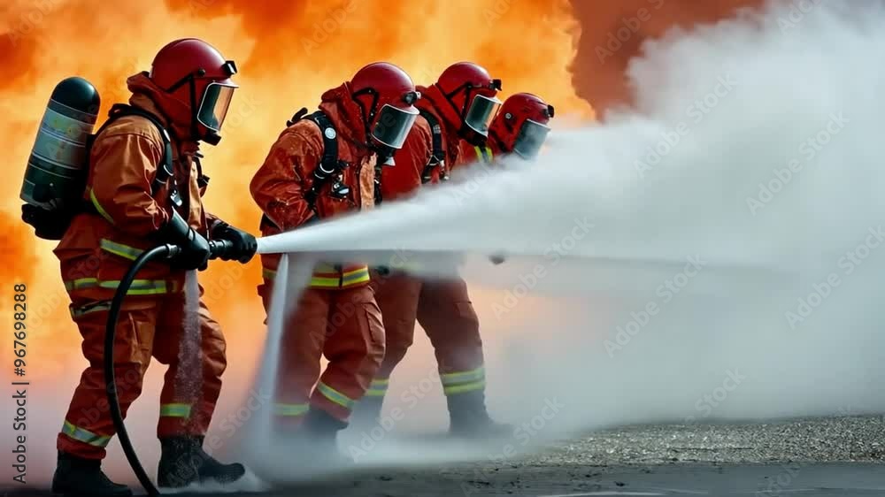 Firemen wearing firefighter suits for safety using water and ...