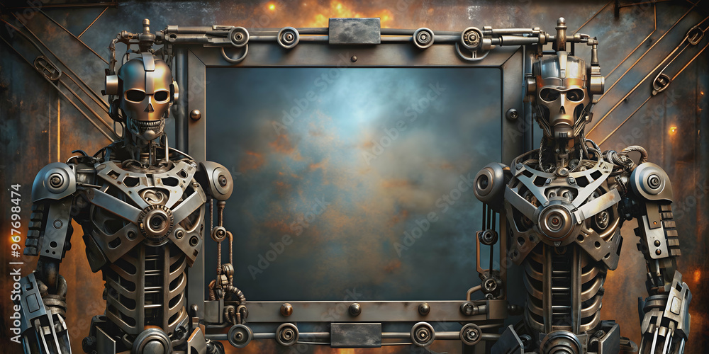 Fantastic horror metal frame border with mecha parts on background ...