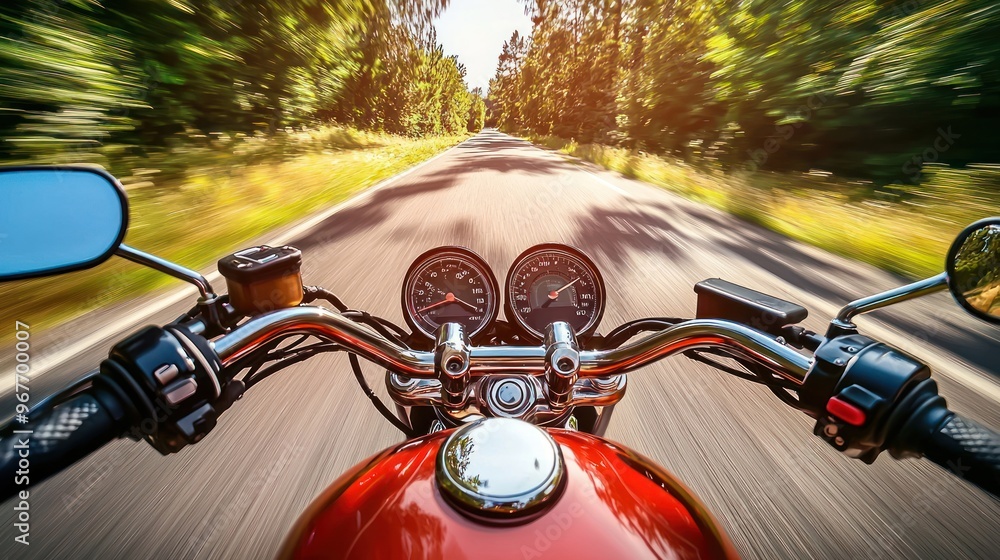 Motorcycle revving up on an open road with motion blur to convey speed ...
