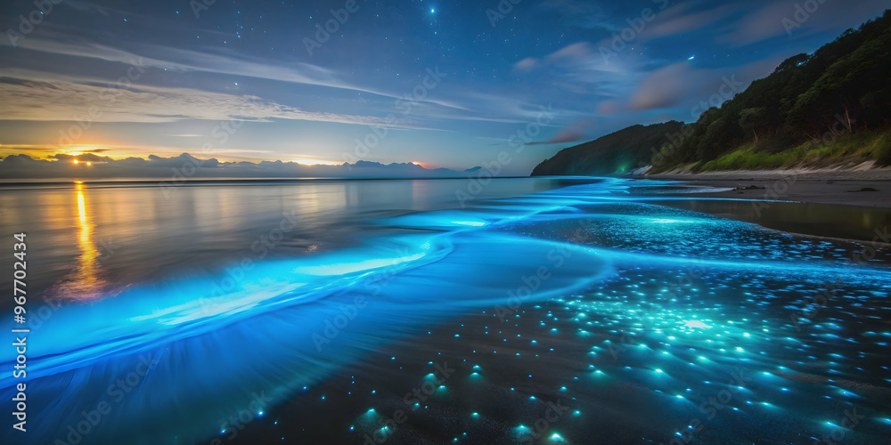 Dark beach lit up by glowing bioluminescent plankton , bioluminescent ...