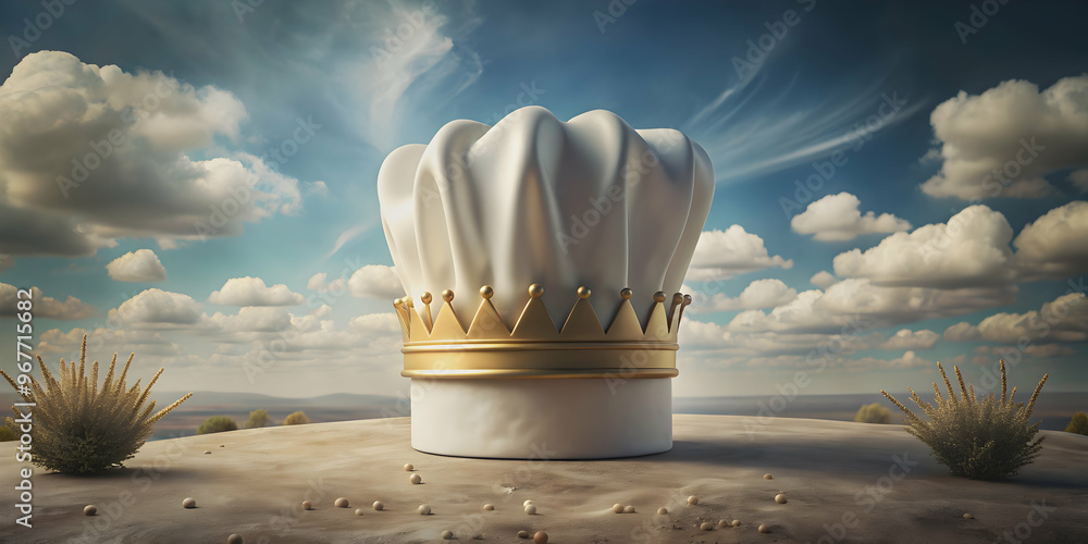 Whimsical scene with a clay sculpture of a chefs hat wearing a crown in ...