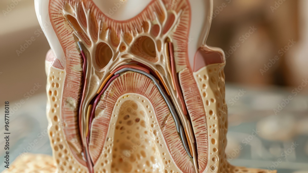 Cross-section of a human tooth, showing the enamel, dentin, pulp, and ...