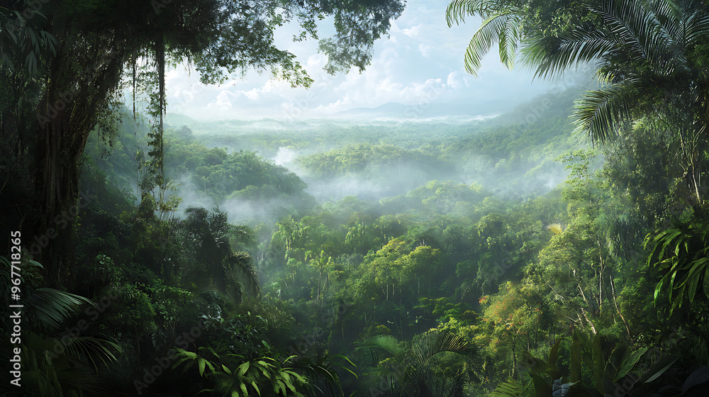 A panoramic view of the Amazon rainforest canopy, with layers of ...