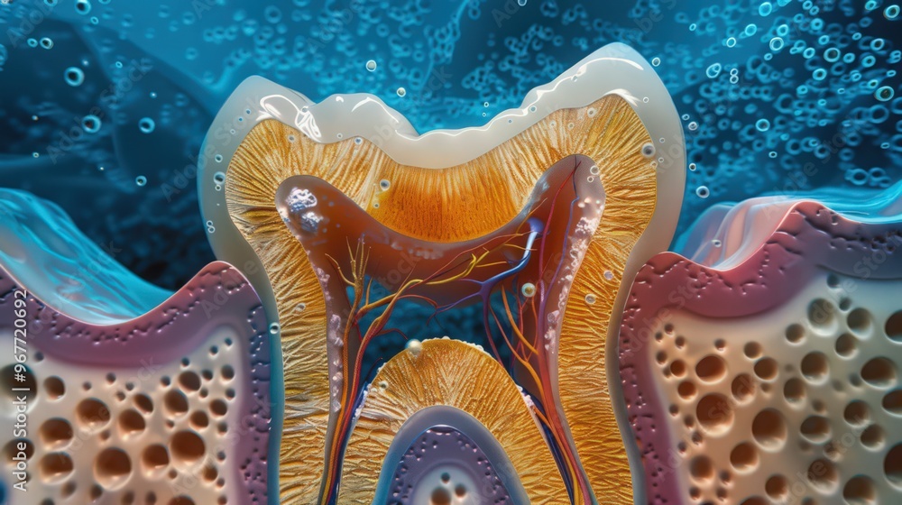Cross-section of a tooth, revealing the enamel, dentin, and pulp cavity ...