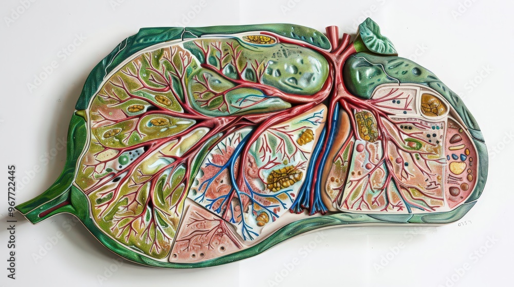 Cross-section of the human liver, showing the lobes, blood vessels, and ...
