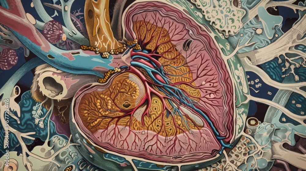Cross-section of the human liver, showing the lobes, blood vessels, and ...