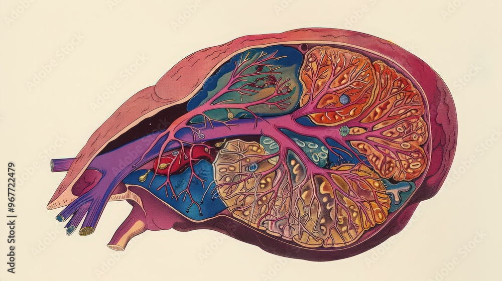 Cross-section of the human liver, showing the lobes, blood vessels, and ...