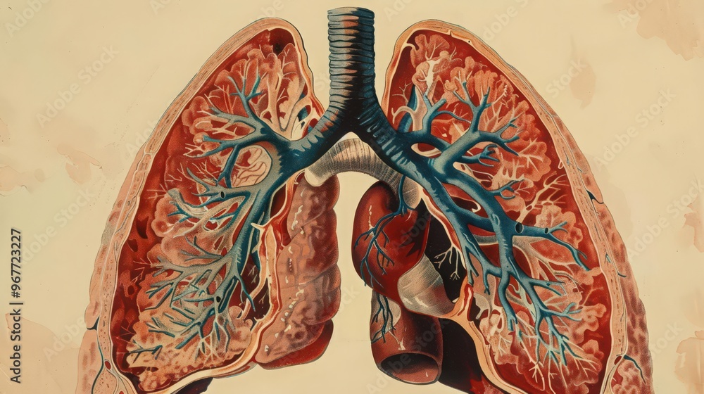 Cross-section of the lung, including bronchi, alveoli, and blood ...