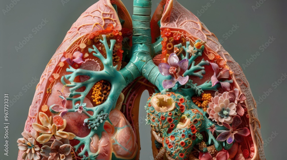 Cross-section of the lungs highlighting the bronchial tubes, alveoli ...