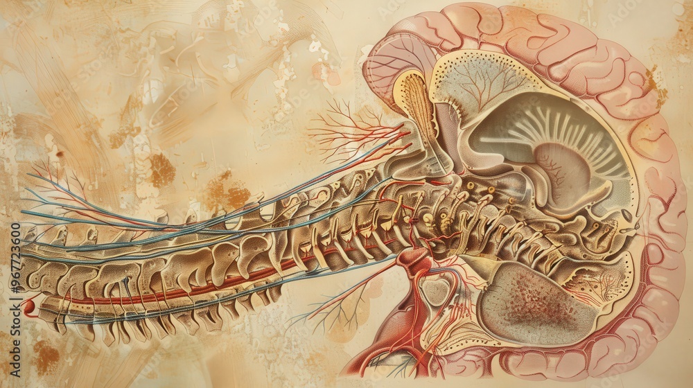 Cross-section of the spinal cord, including the vertebrae, spinal ...