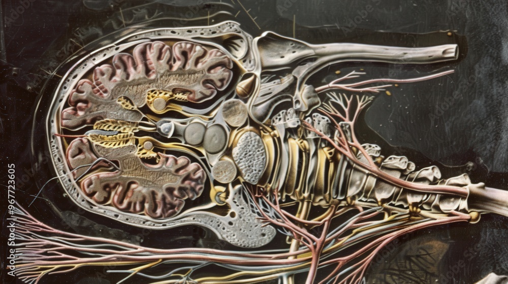 Cross-section of the spinal cord, showing the vertebrae, spinal nerves ...