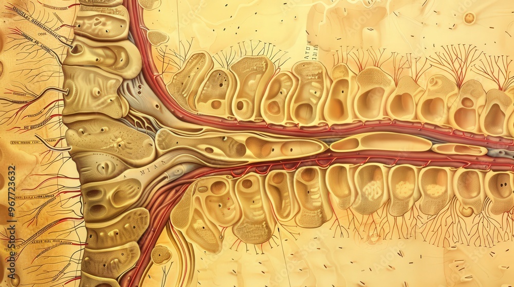 Cross-section of the spinal cord, showing the vertebrae, spinal nerves ...