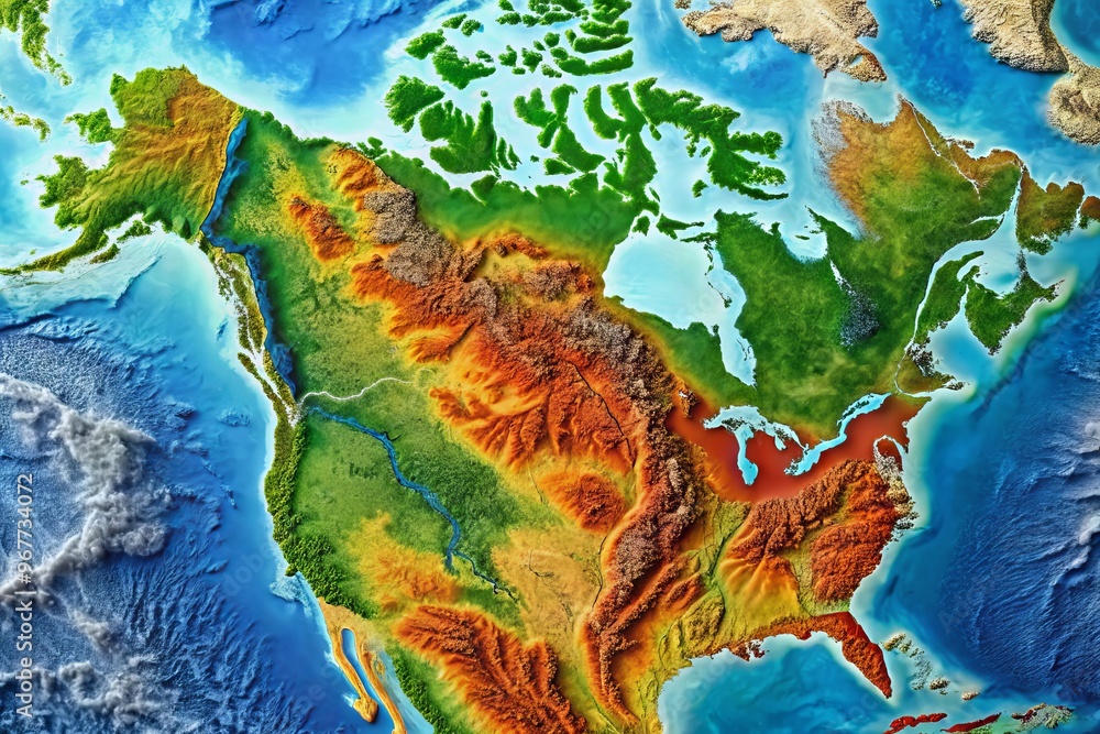 A detailed topographic map shows the shared border between America and ...