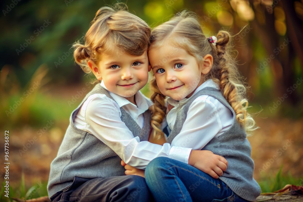Adorable identical twins, a boy and girl, sit side by side, embracing ...