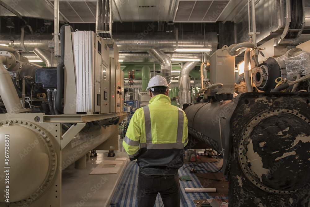 Engineer work in Industrial chiller HVAC heating ventilation air ...