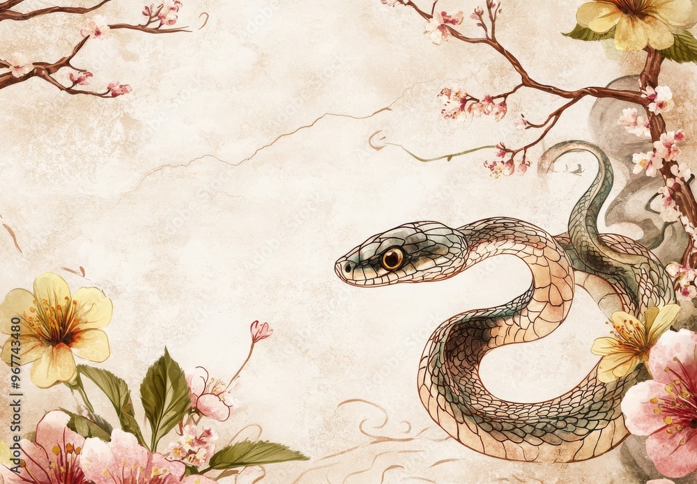 Japanese watercolor style snake on beige background with Edo period art ...