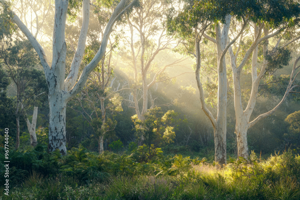 Gum Trees and shrubs in the Australian bush forest. Gumtrees and native ...