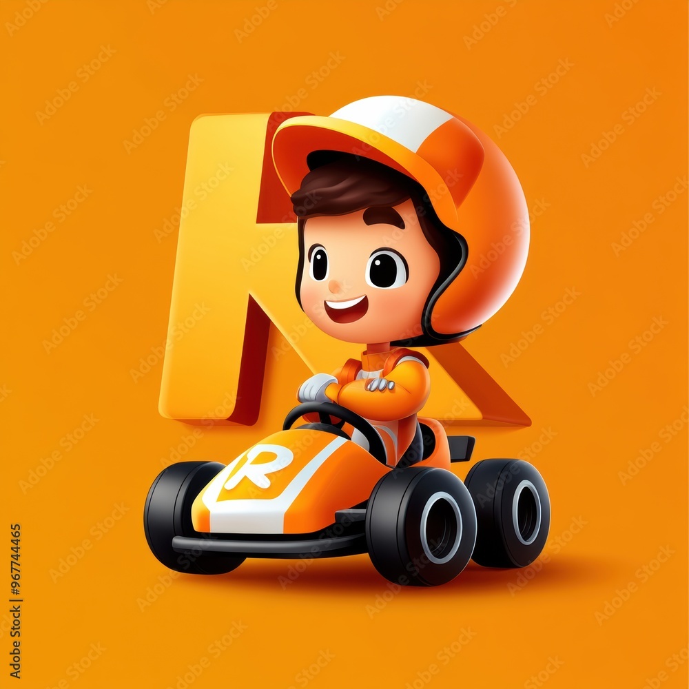 Cheerful cartoon racer in an orange go-kart, set against a vibrant ...