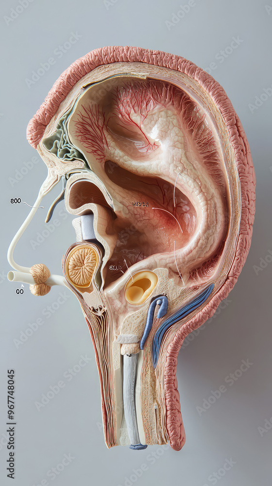 Anatomy of human ear showcasing labeled parts, including outer ear ...