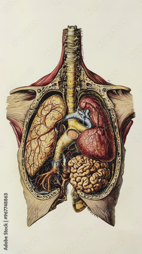Anatomy of human thoracic cavity with labeled organs, showcasing ...