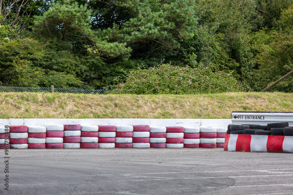Pit lane entrance on a kart racetrack, Image shows a outdoor go kart ...