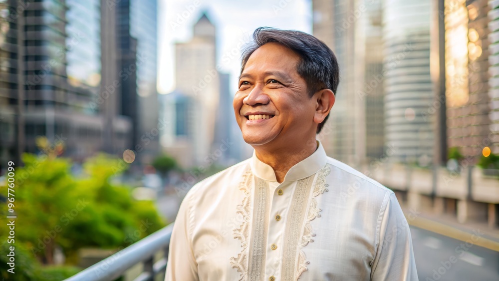 A smiling middle-aged Filipino man with a warm gaze, dressed in a ...