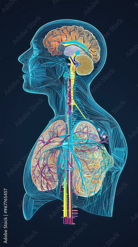 illustration depicts human respiratory system, showcasing intricate ...