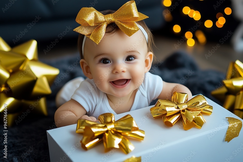 Golden bows decorating each corner of a card that features a picture of ...