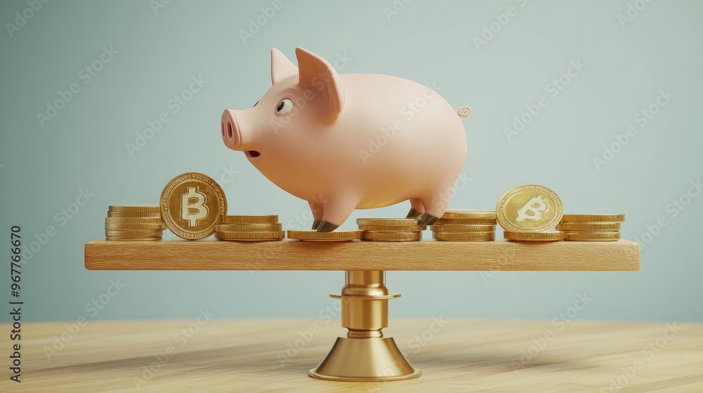 Skinny pig piggy bank on one end of a seesaw, struggling to balance ...