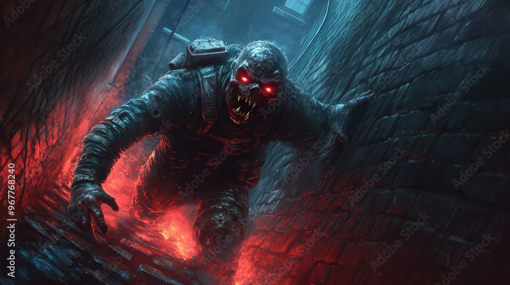 A monstrous infected figure climbing out of a sewer at night, its body ...