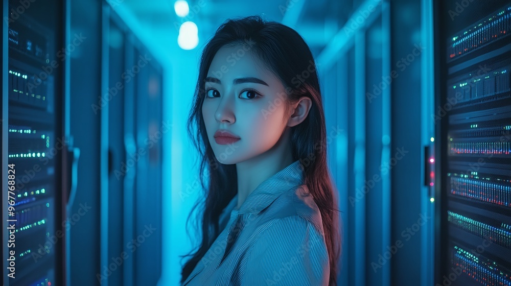 data center portrait of an asian female technician and businesswoman ...