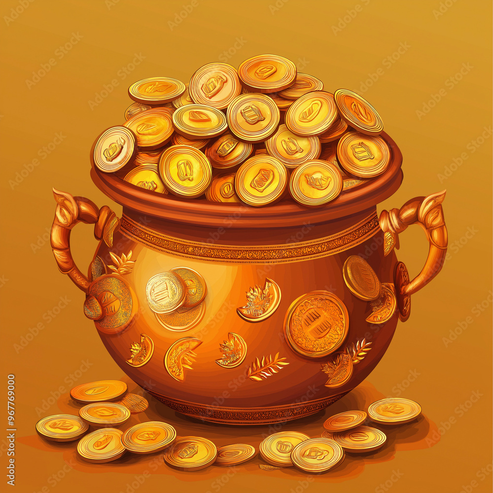 Moedas de ouro em um pote para celebrar Diwali e Dhanteras Stock ...