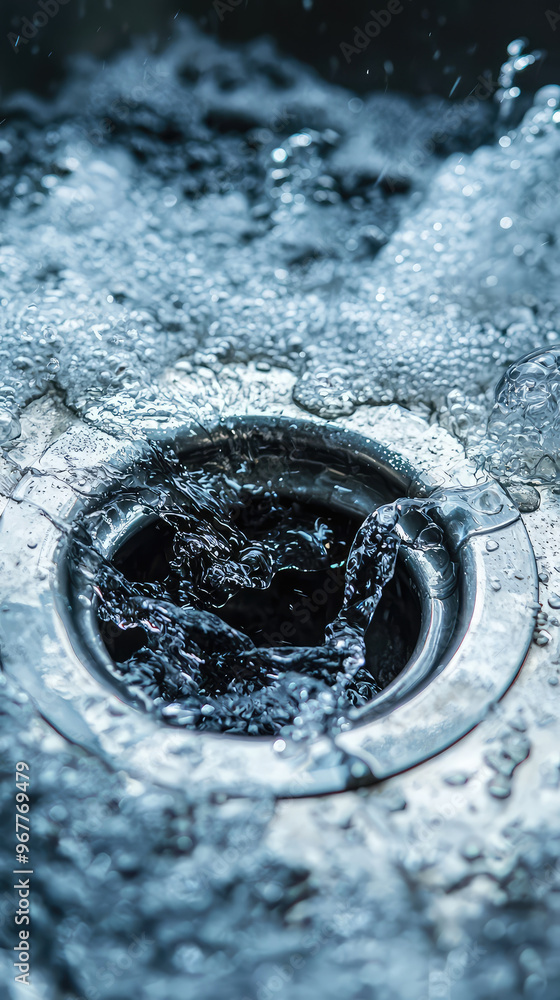 Overflowing water from sink drain creates chaotic scene, highlighting ...
