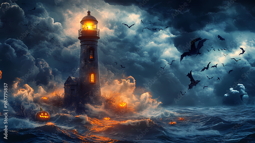 Haunted lighthouse at halloween in stormy seas digital concept ...
