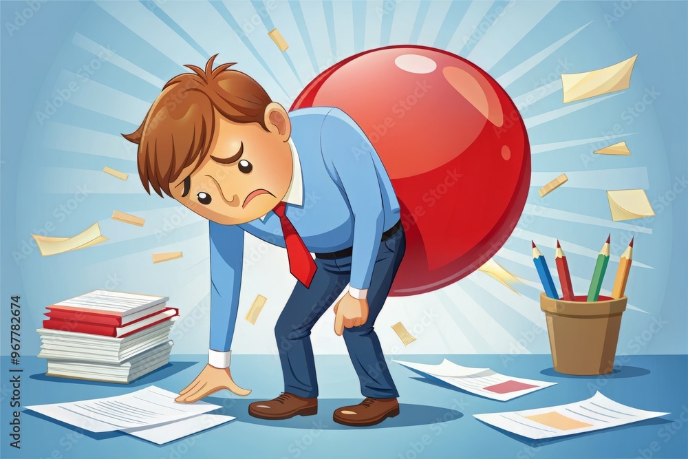 Colorful cartoon illustration of a stressed character slumped over with ...