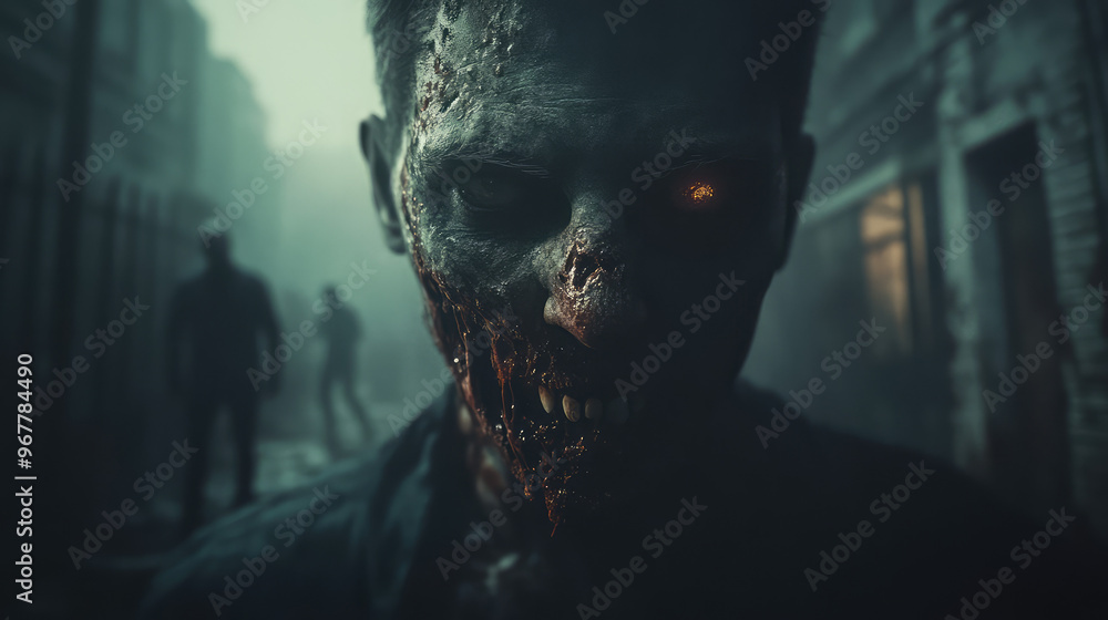 Zombie face with its nose and ears missing, teeth exposed through the ...