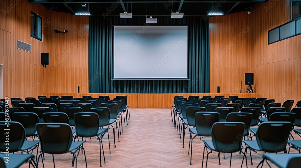 Empty seminar room with rows of chairs, modern design, projector screen ...