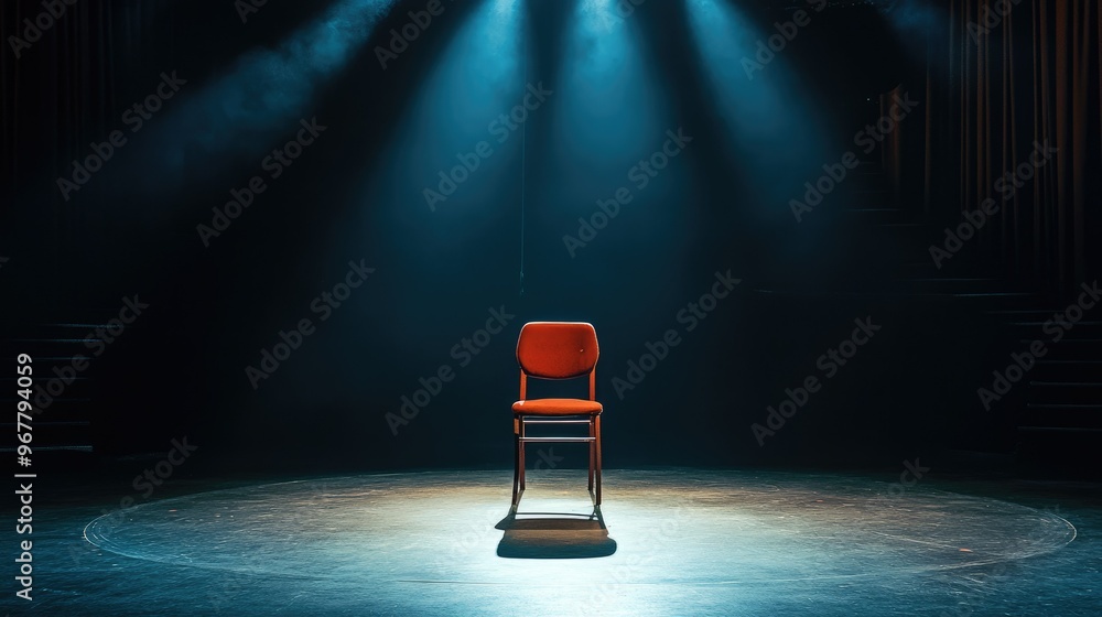 An empty stage with a single spotlight focused on a chair, creating an ...